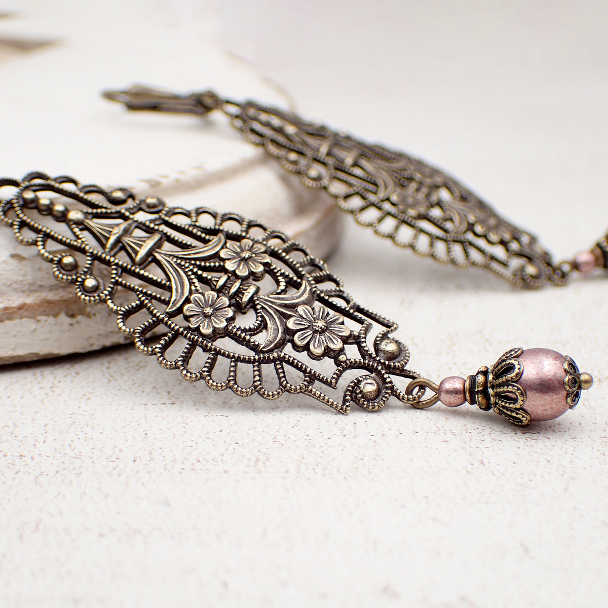 Victorian Style Filigree Drop Earrings, Antiqued Brass with Dusty Pink ...