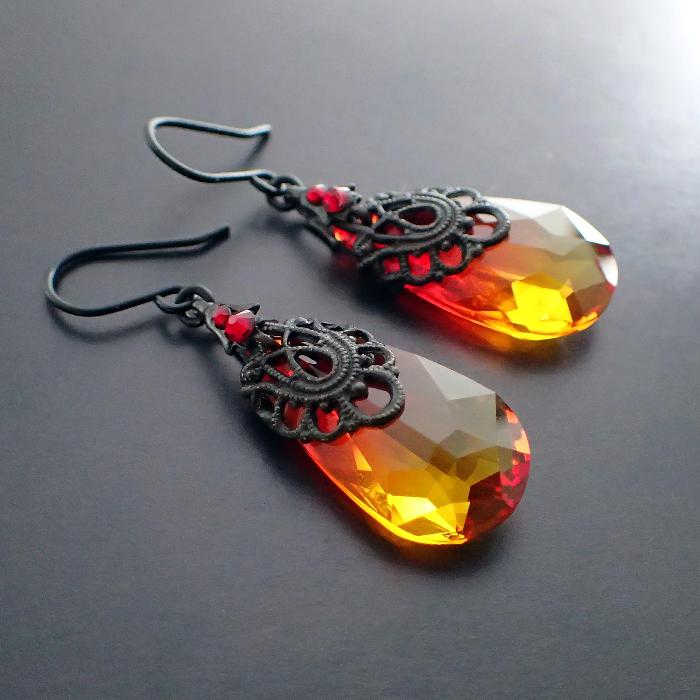 Fire Earrings with Antique Black Ox Filigree| Ardent Hearts Designs