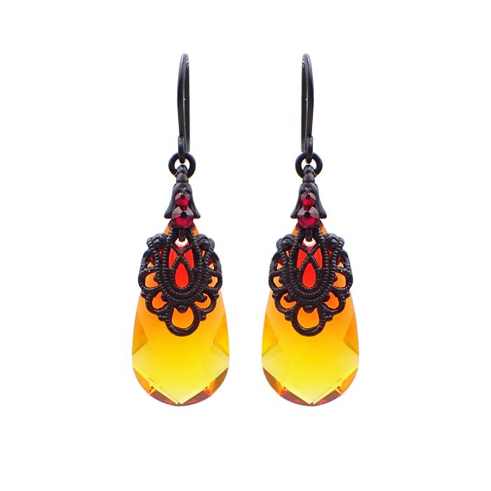Fire Earrings with Antique Black Ox Filigree| Ardent Hearts Designs